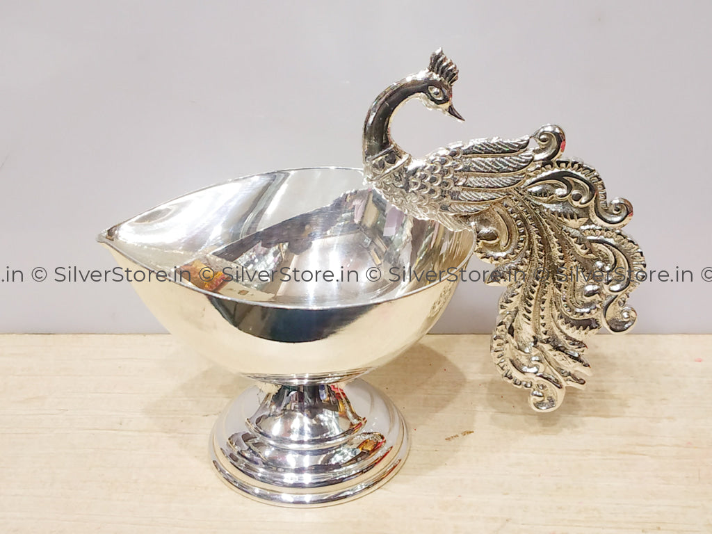 Pure silver diya - peacock handle - 925 silver – SilverStore.in