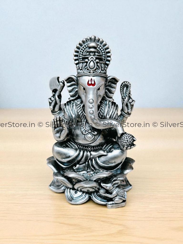 Pure Silver Ganesh idol on lotus - 925 silver - semi solid - 3.5" heig ...
